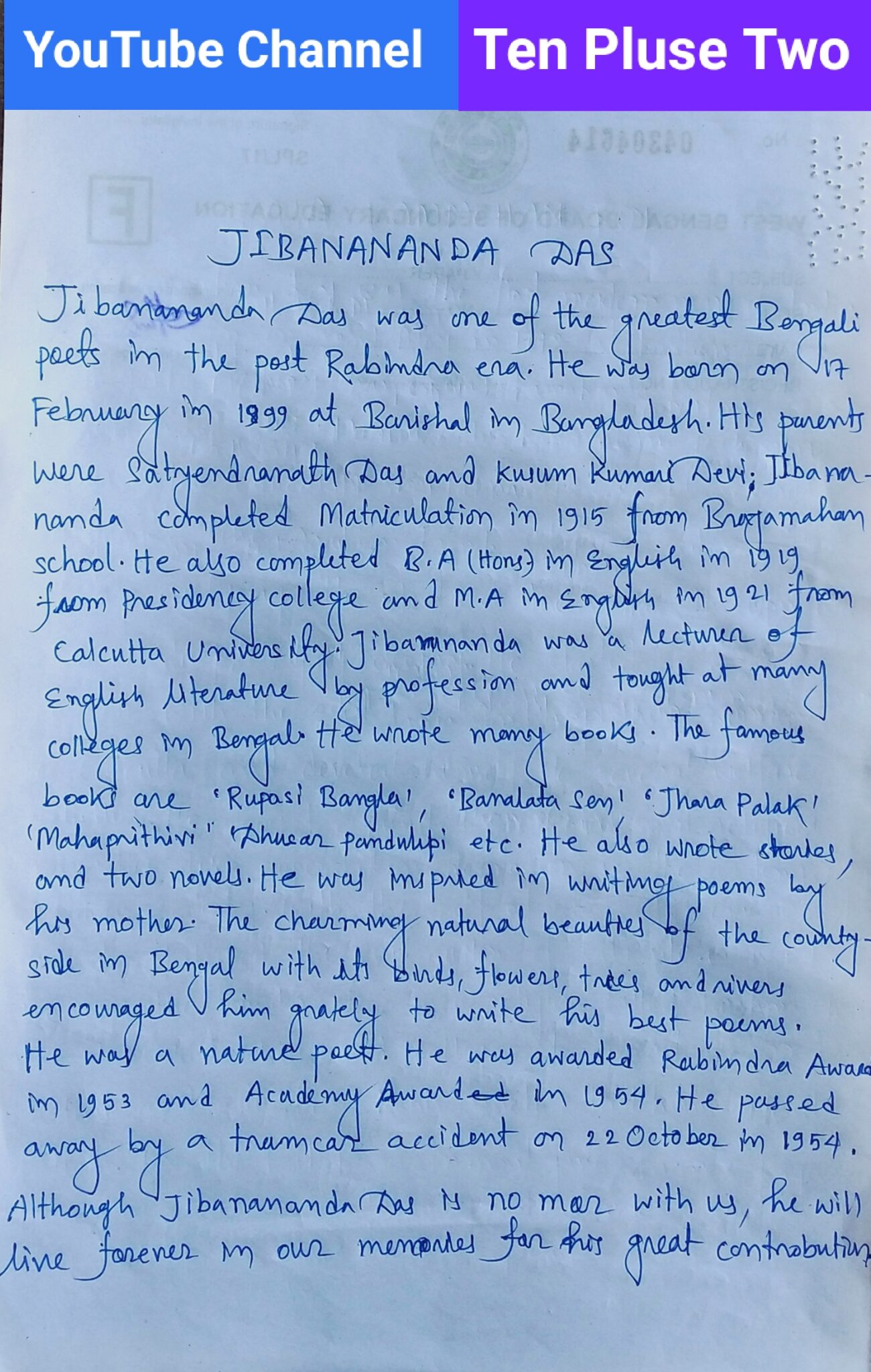Jibanananda Das Biography Writing 120 Words – Digital English